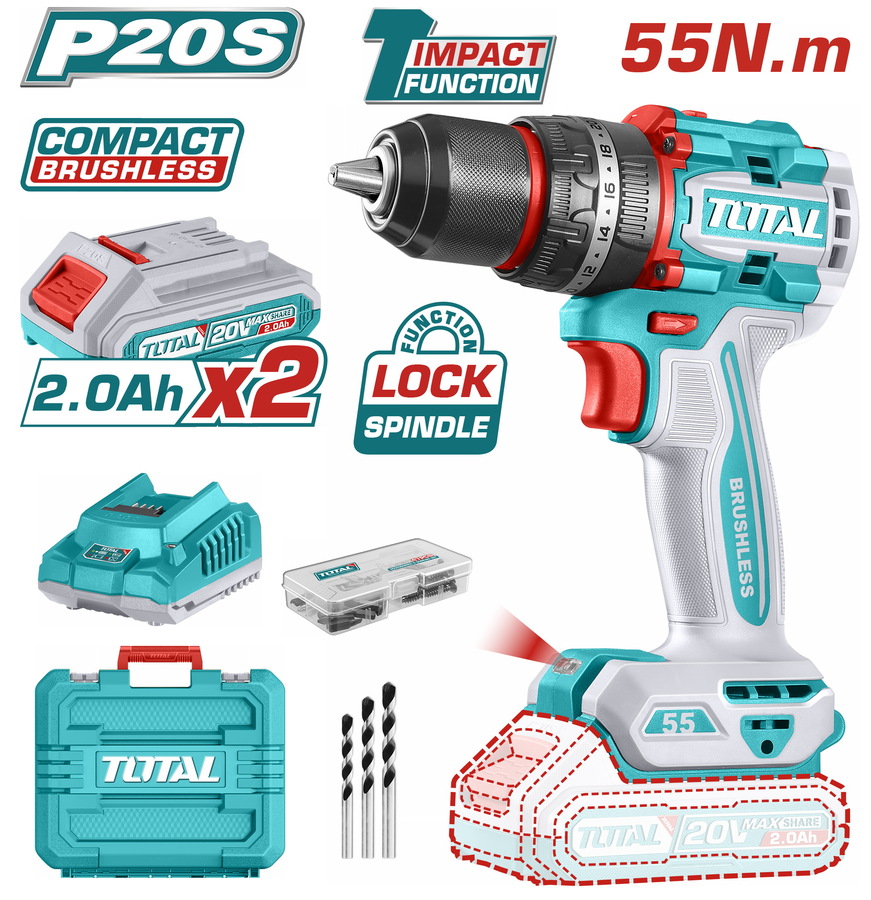 TOTAL ΕΠΑΓΓ. ΔΡΑΠ/ΒΙΔΟ ΚΡΟΥΣΤΙΚΟ ΜΠΑΤ. Li-ion 20V / 2Ah / 55Nm / 2 ΜΠΑΤ ...