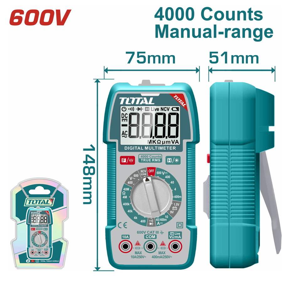 TOTAL ΕΠΑΓΓ. ΠΟΛΥΜΕΤΡΟ ΨΗΦΙΑΚΟ 600V True RMS με Μέτρηση AC/DC ...